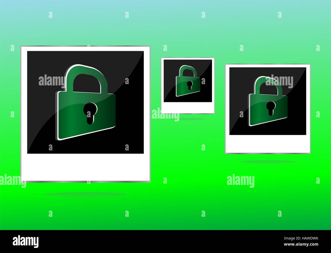 Set of empty photos and padlock on abstract green background Stock ...