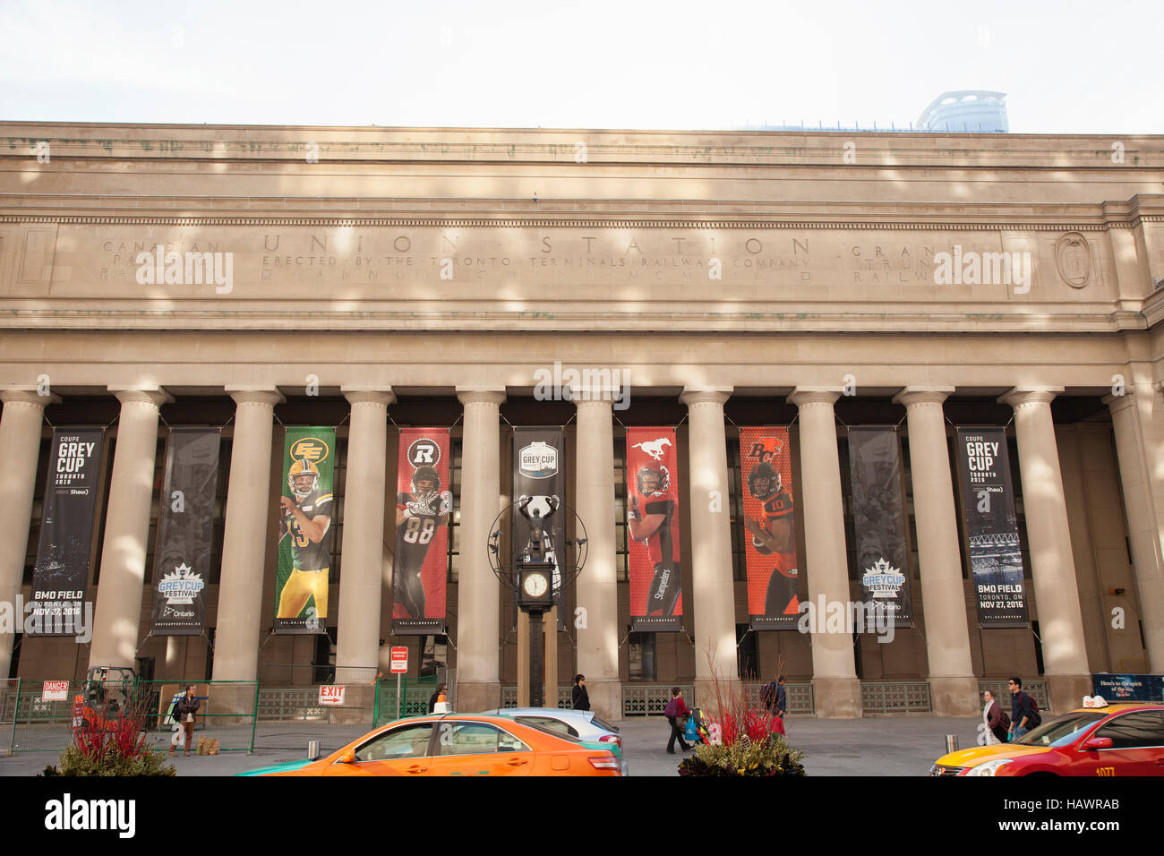 Toronto Union Station with banners of CFL teams in football Grey Cup ...