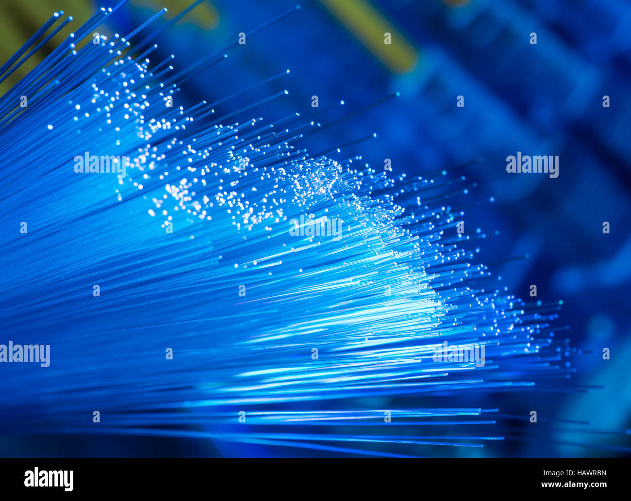 optical fibres dinamic flying from deep on technology background Stock ...