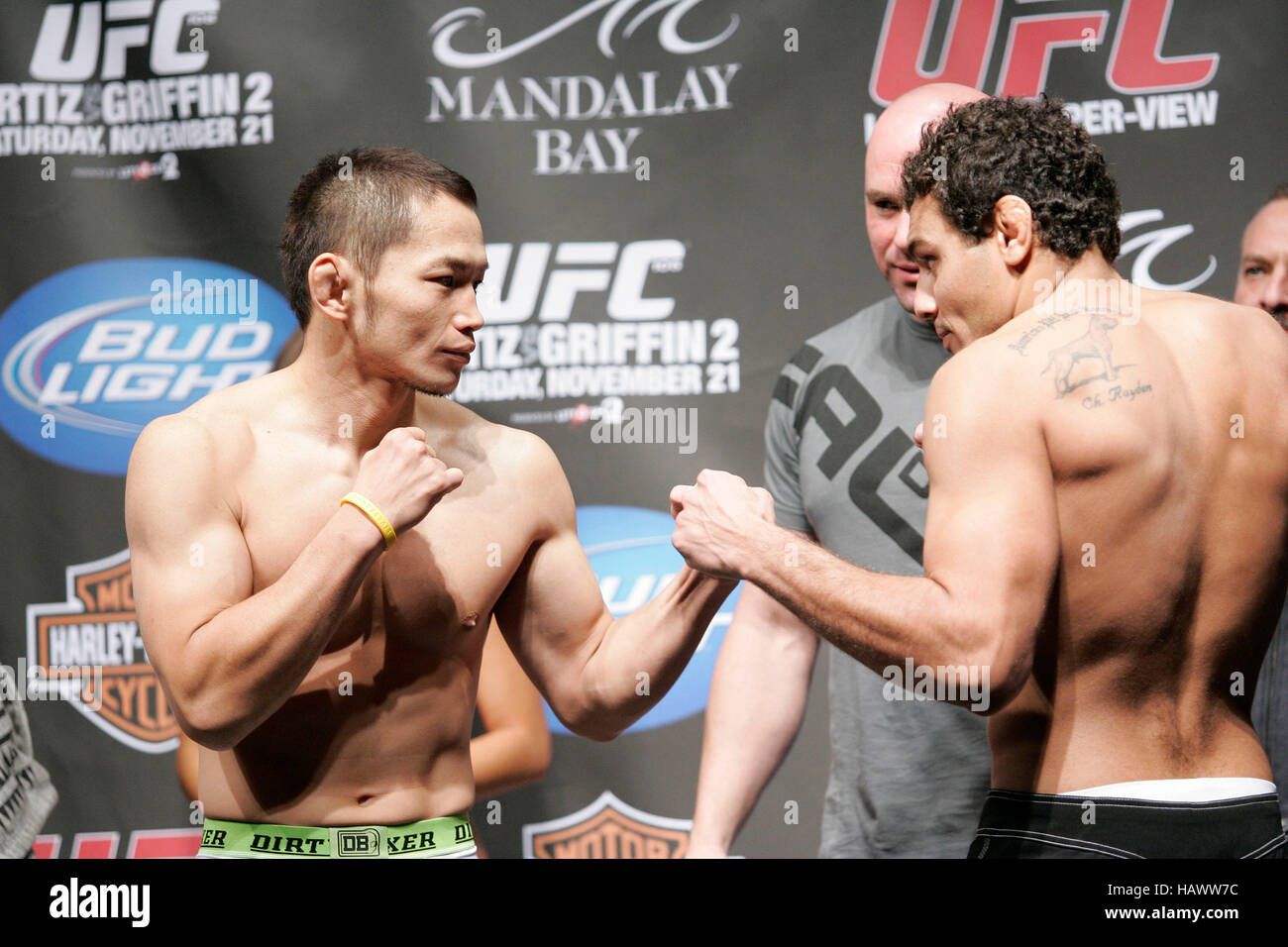 Fabricio Camoes, right, and Caol Uno at the UFC 106 weigh-ins at the ...