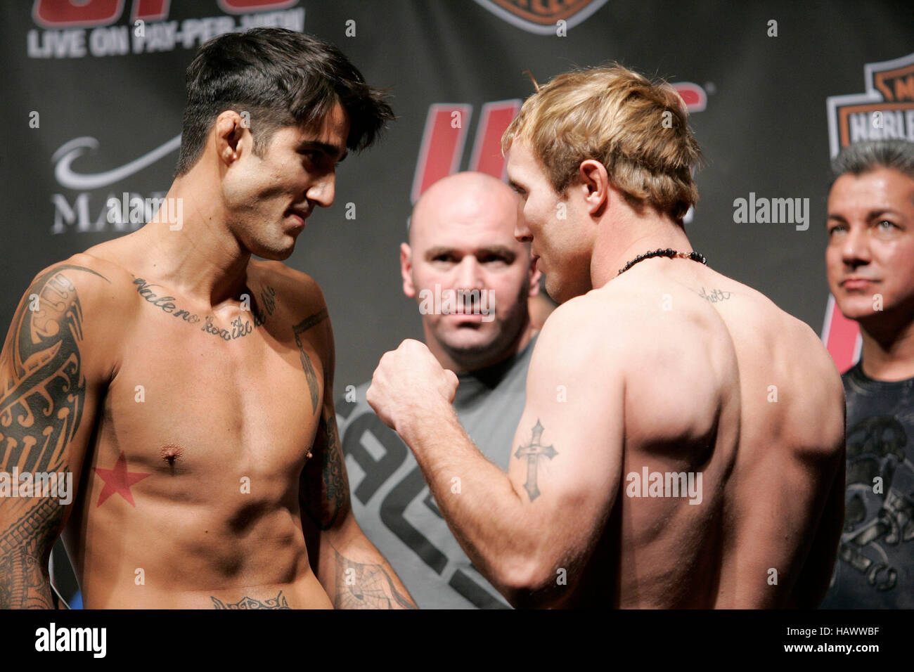 Kendall Grove, left, and Jake Rosholt at the UFC 106 weigh-ins at the ...
