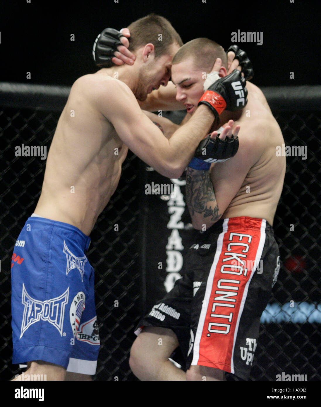 Cole Miller, blue shorts, fights Dan Lauzon, red and black shorts ...