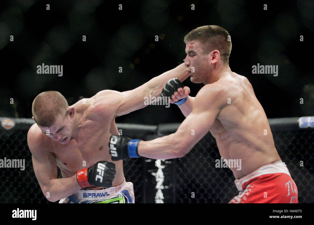 Sam Stout, right, fights Joe Lauzon during UFC 108 at the MGM Grand ...