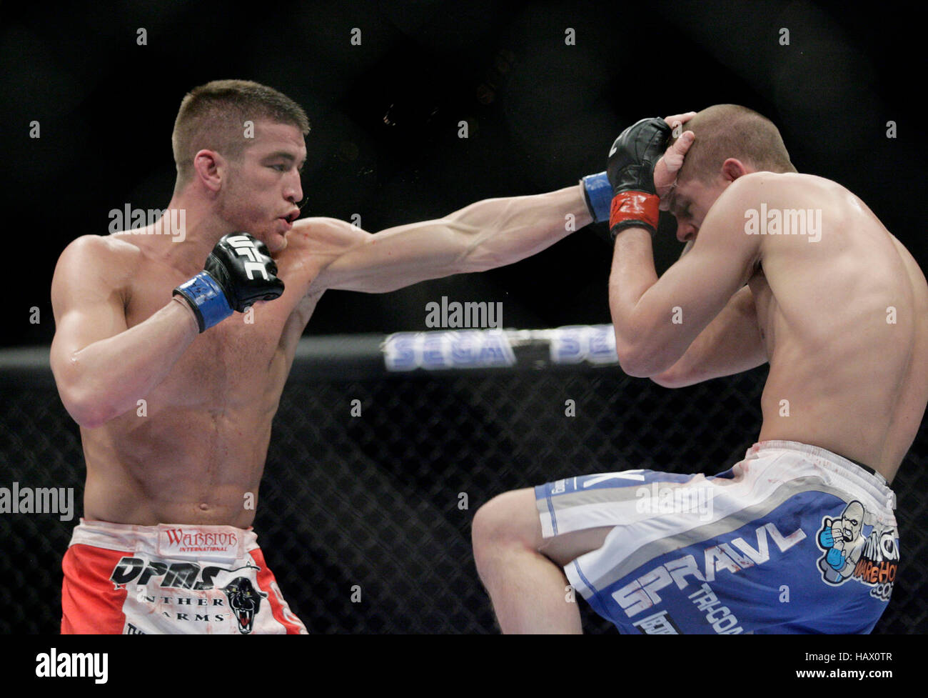 Sam Stout, left, fights Joe Lauzon during UFC 108 at the MGM Grand ...
