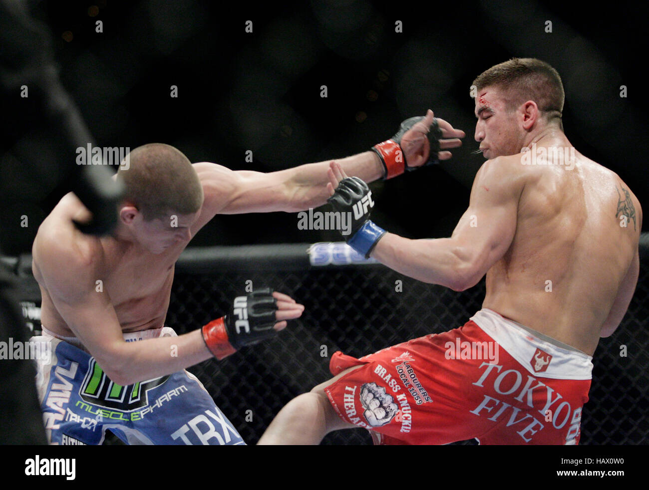 Sam Stout, right, fights Joe Lauzon during UFC 108 at the MGM Grand ...