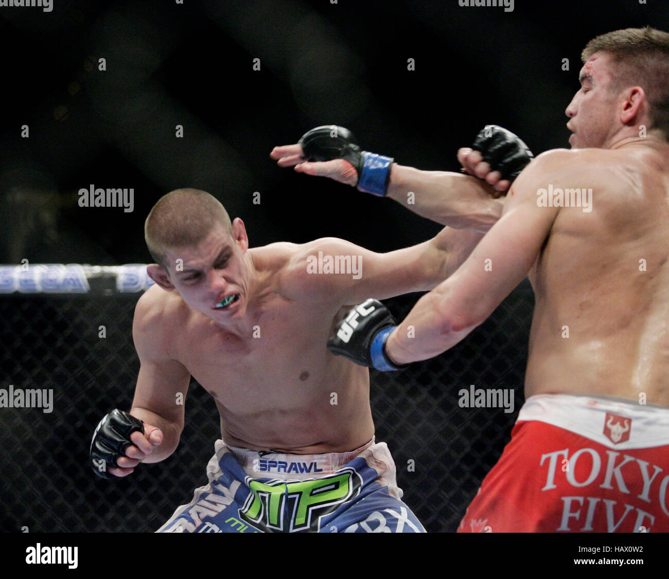 Sam Stout, right, fights Joe Lauzon during UFC 108 at the MGM Grand ...