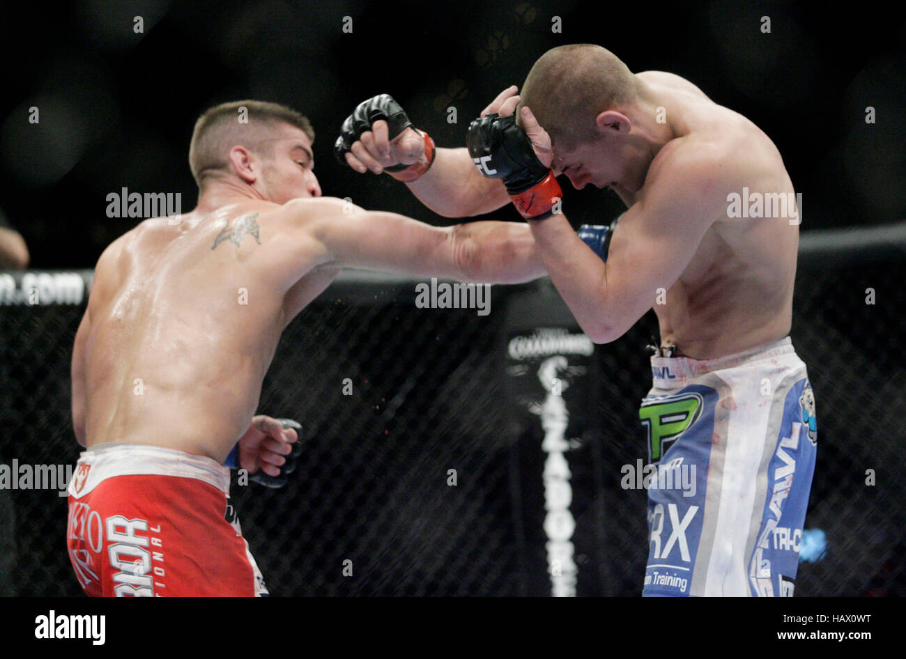 Sam Stout, left, fights Joe Lauzon during UFC 108 at the MGM Grand ...