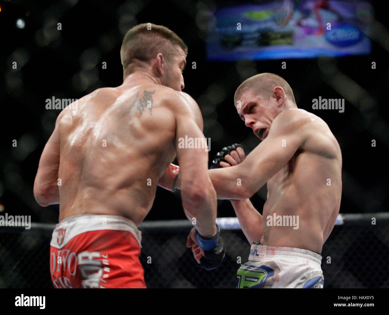 Sam Stout, left, fights Joe Lauzon during UFC 108 at the MGM Grand ...
