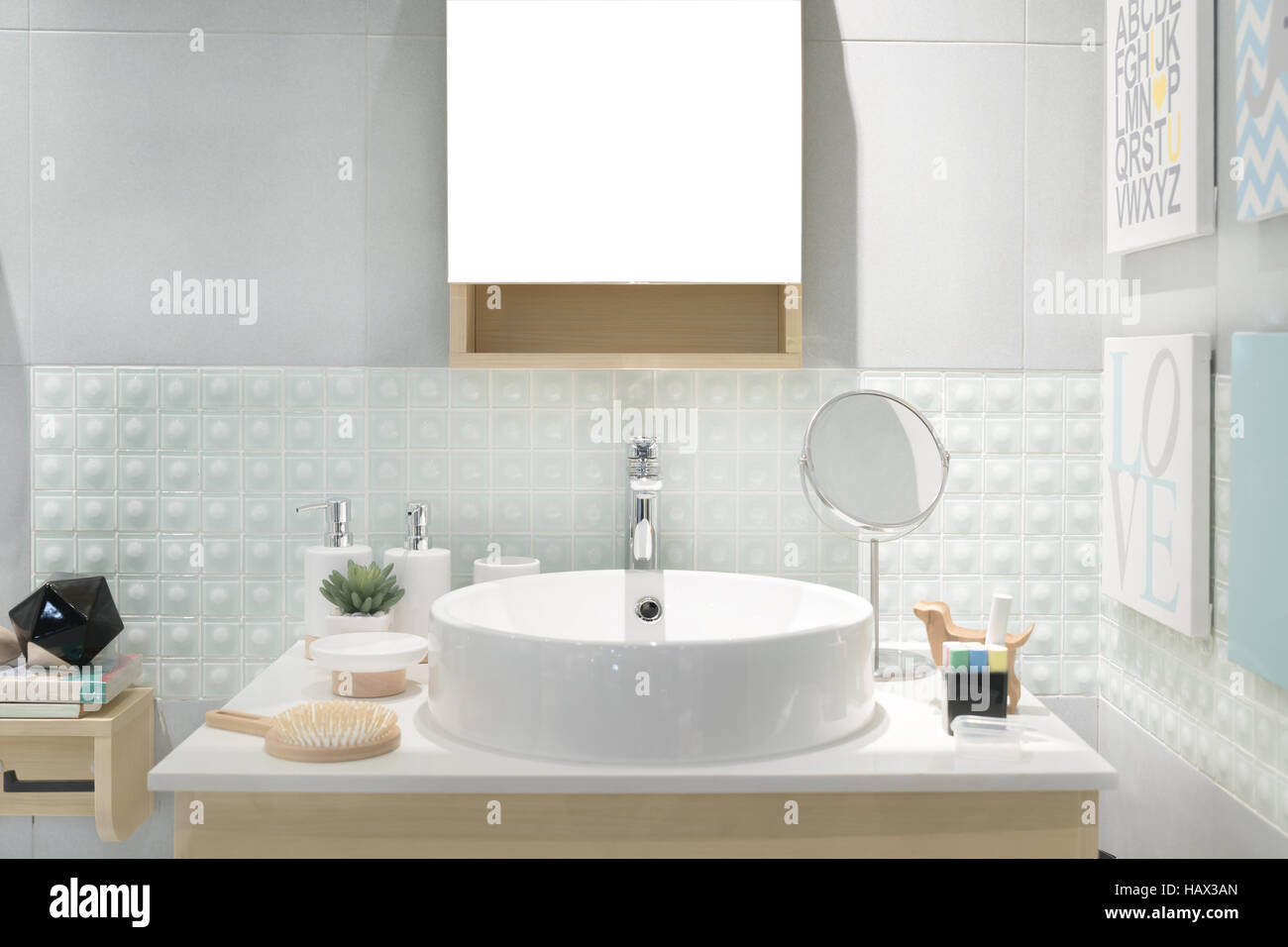 Interior of bathroom with sink basin faucet and mirror. Modern design ...