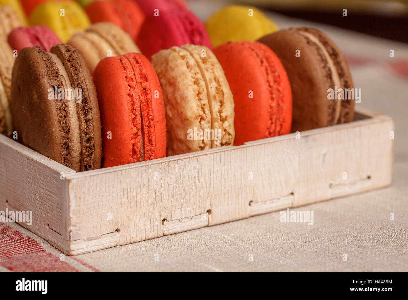 Many traditional french colorful macarons in a box, close-up Stock ...