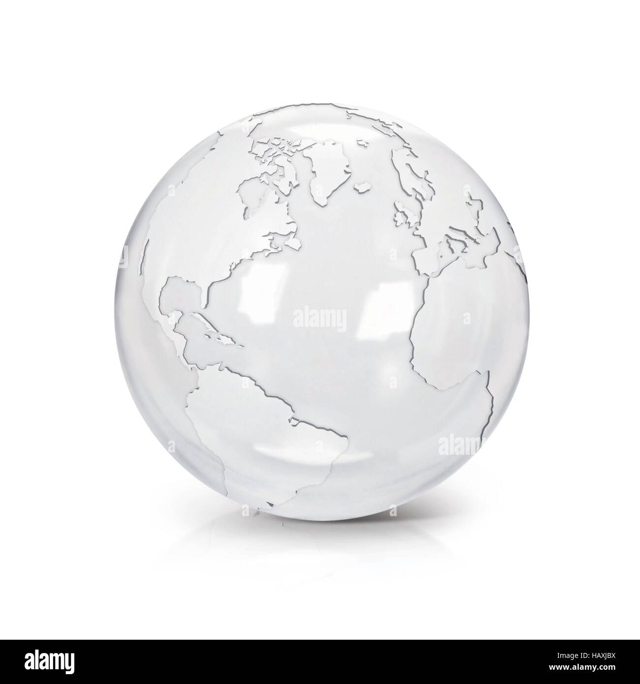 Clear glass globe 3D illustration North and South America map on white ...
