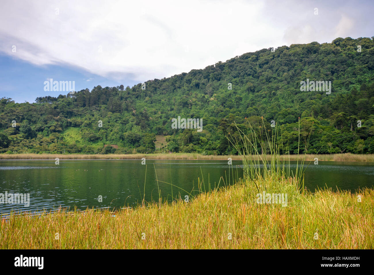Beautiful landscape of the Laguna Verde with a boat, in Apaneca, Ruta ...
