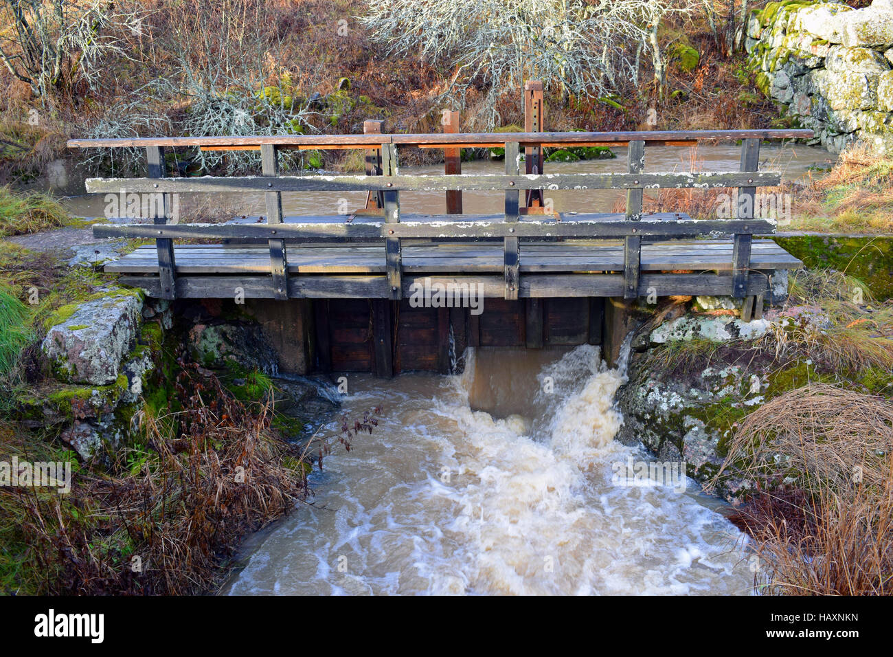 Old wooden bridge over small rapids Stock Photo - Alamy