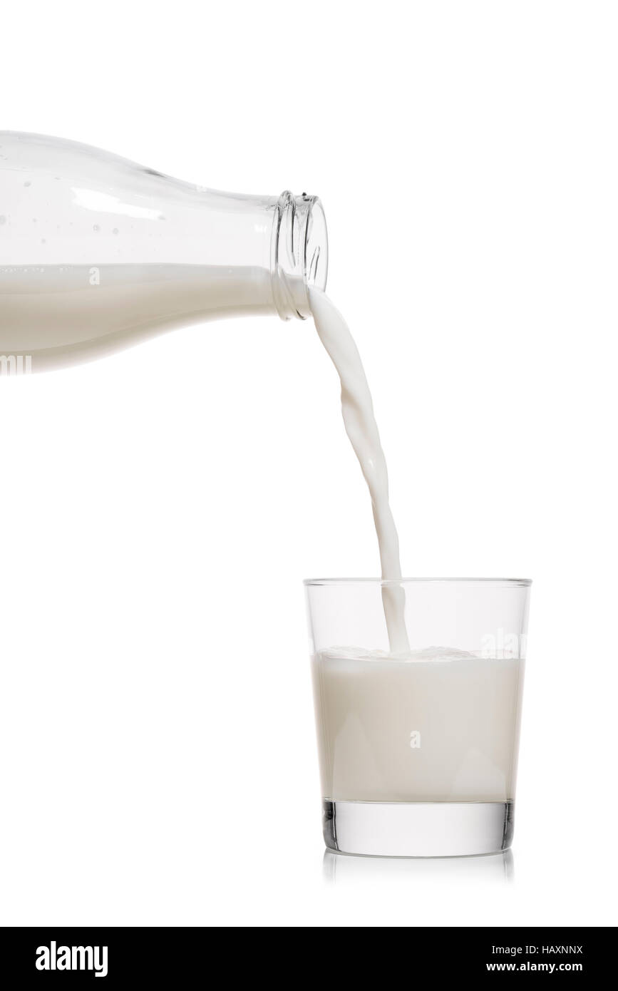 glass bottle pouring milk into a glass on white background Stock Photo ...