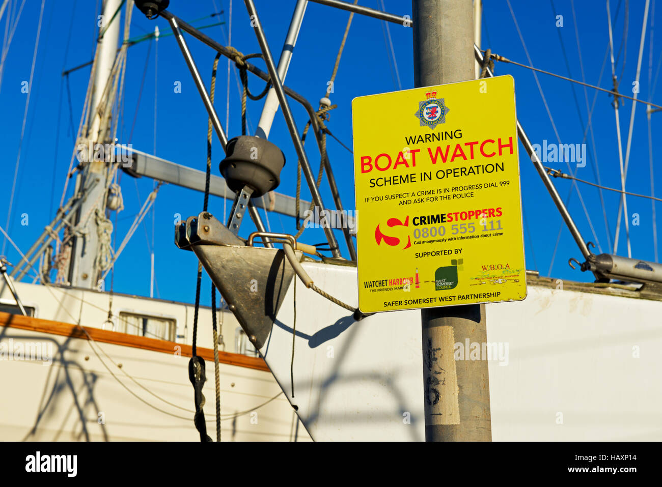 Notice: Boat watch scheme in operation, in boat marina, England UK ...