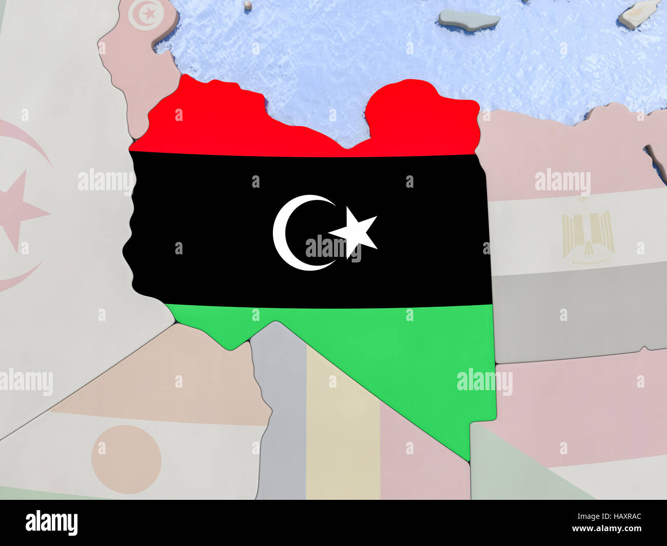 Map of Libya with national flag on political globe with realistic water ...