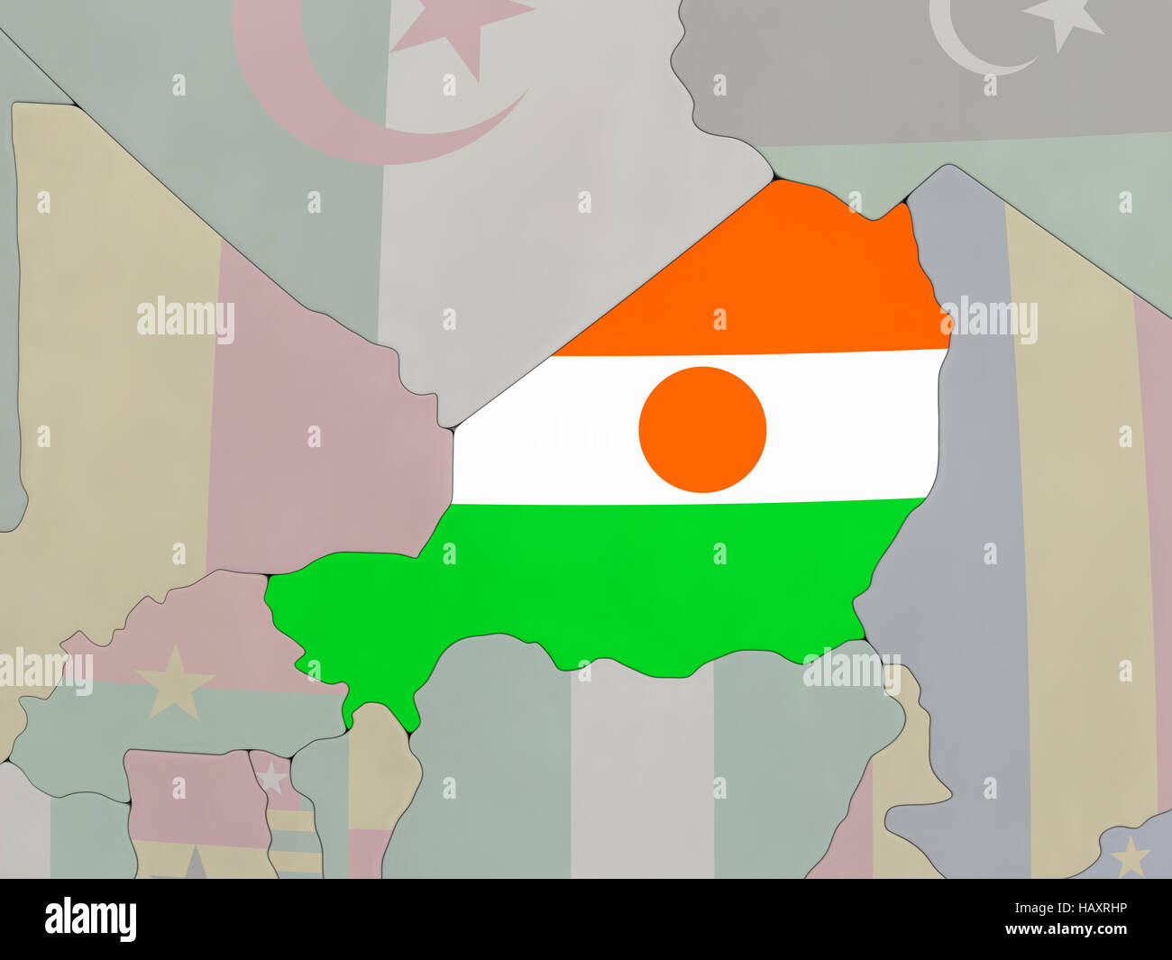 Map of Niger with national flag on political globe with realistic water ...