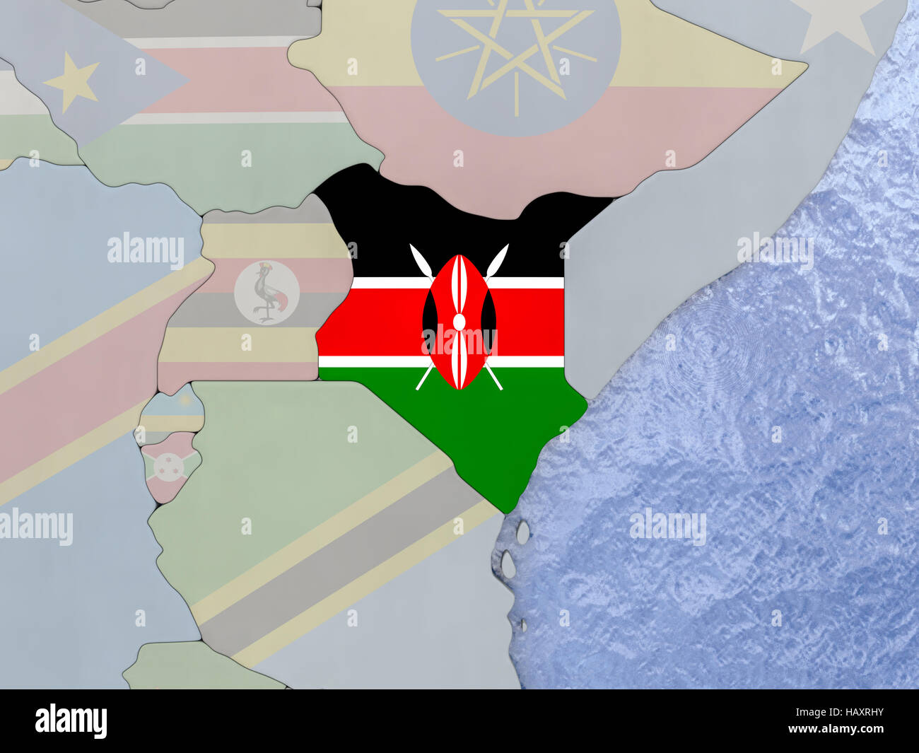 Map of Kenya with national flag on political globe with realistic water ...