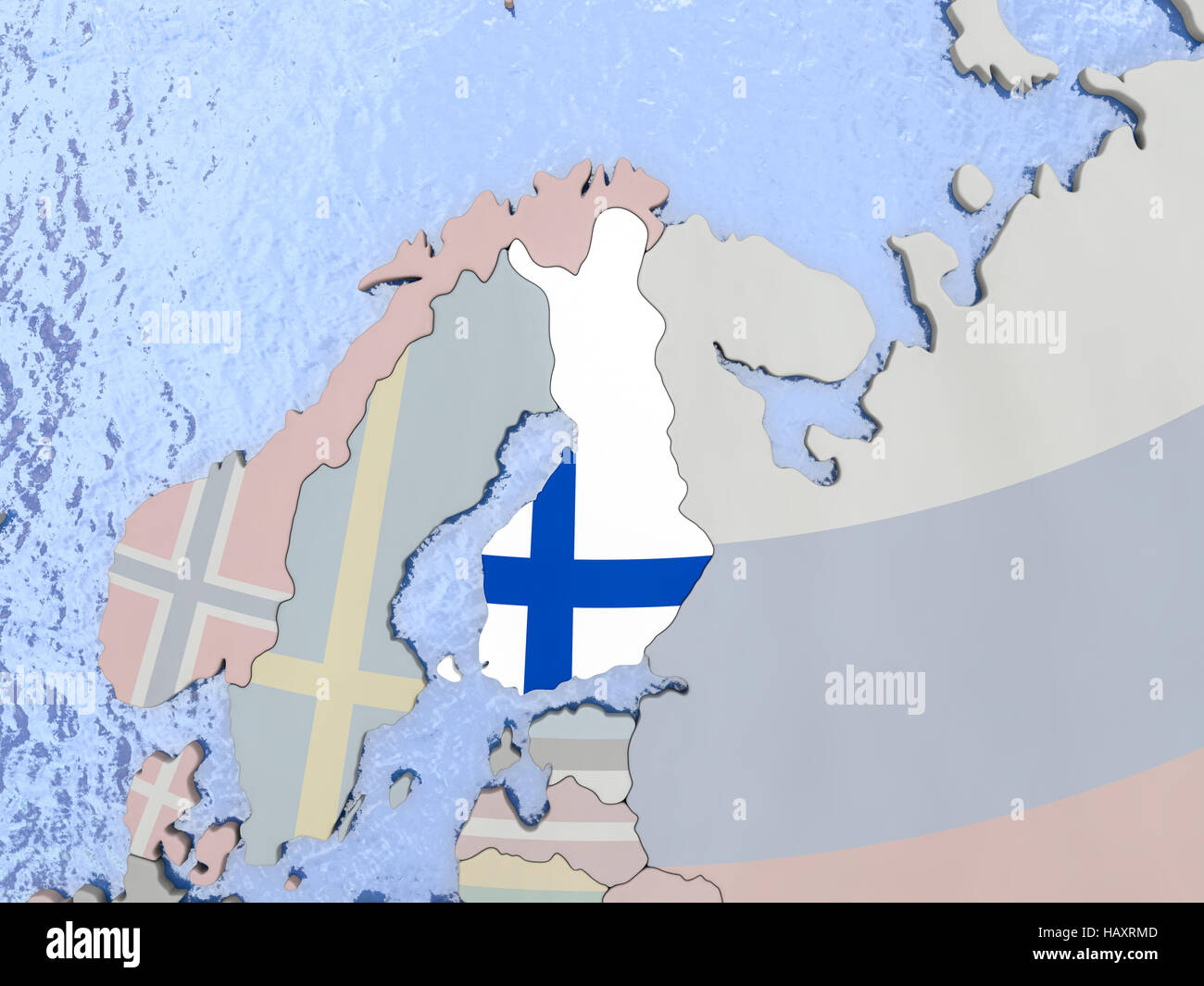 Map of Finland with national flag on political globe with realistic ...