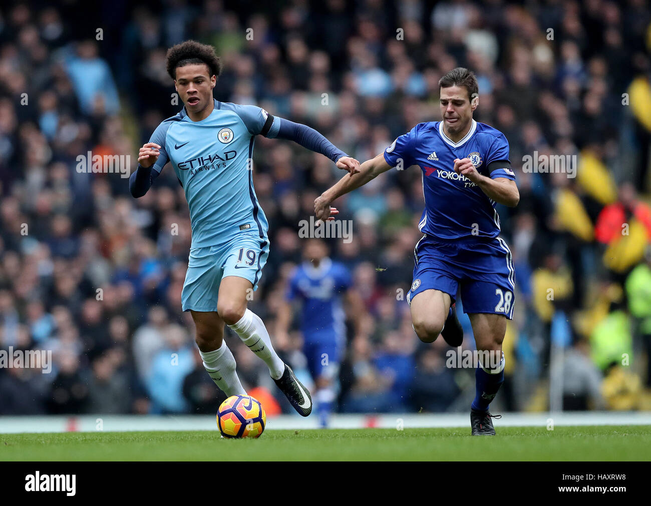 Manchester City's Leroy Sane (left) and Chelsea's Cesar Azpilicueta ...