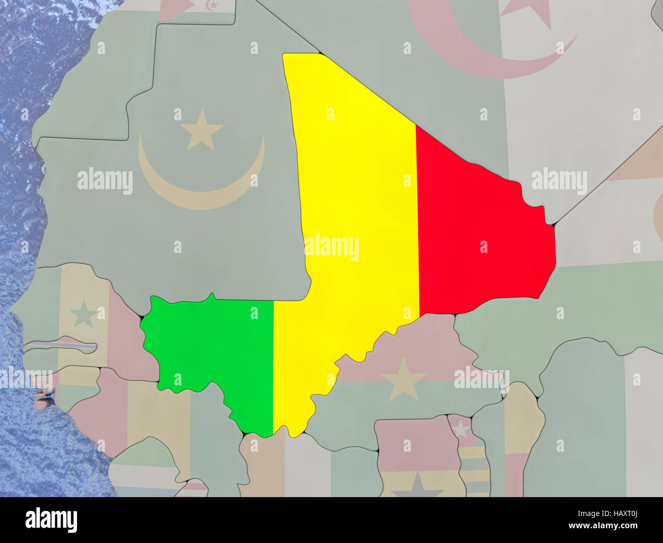 Map of Mali with national flag on political globe with realistic water. 3D illustration Stock ...