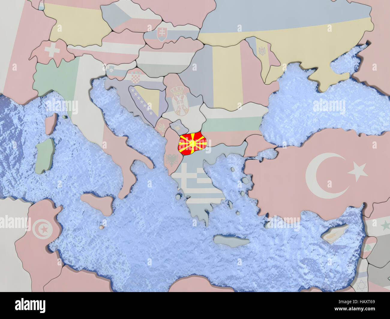 Map of Macedonia with national flag on political globe with realistic ...
