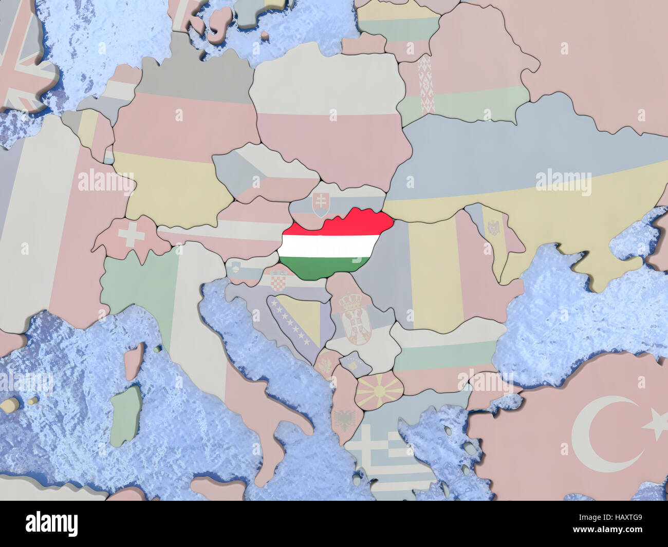 Map of Hungary with national flag on political globe with realistic ...