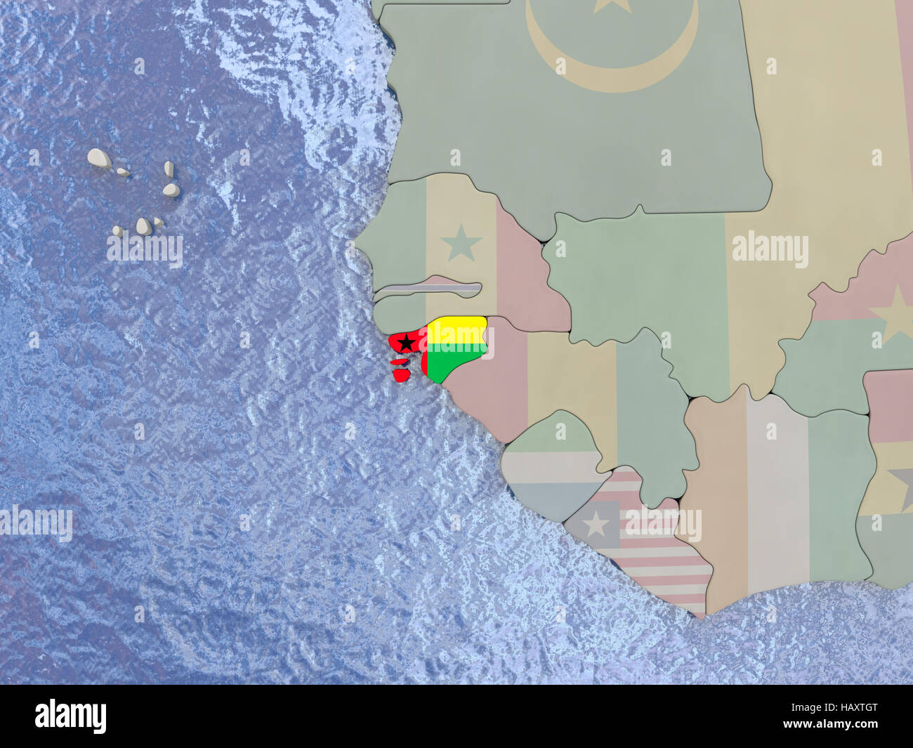 Map of Guinea-Bissau with national flag on political globe with ...