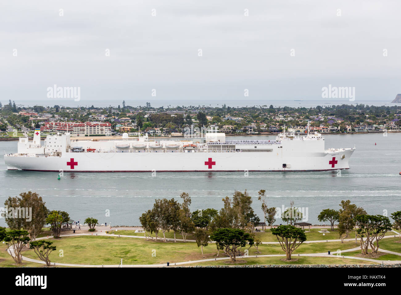 United States Naval Ship Mercy sailing into San Diego Harbor Stock ...