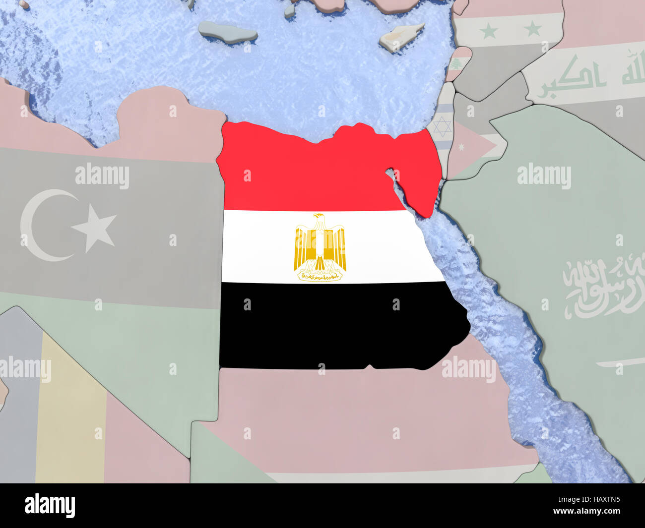Map of Egypt with national flag on political globe with realistic water ...
