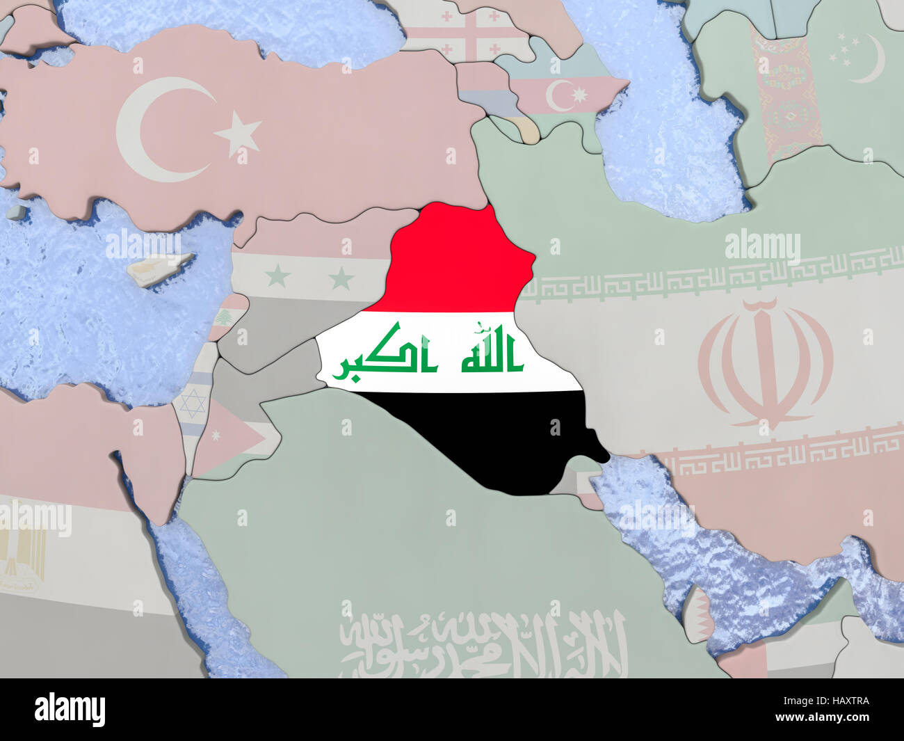 Map of Iraq with national flag on political globe with realistic water ...