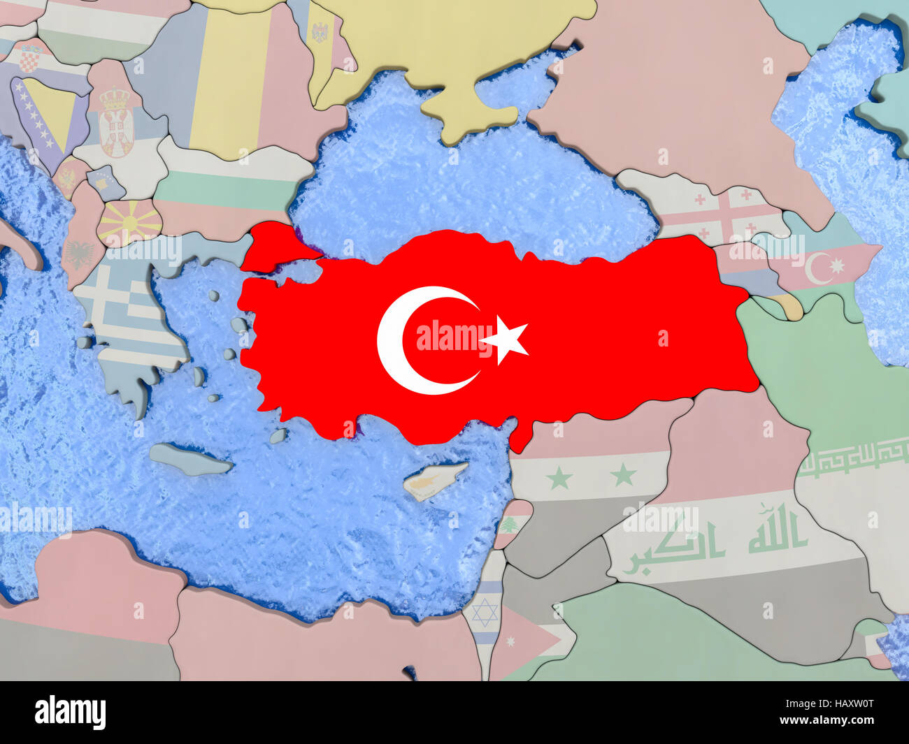 Map of Turkey with national flag on political globe with realistic ...