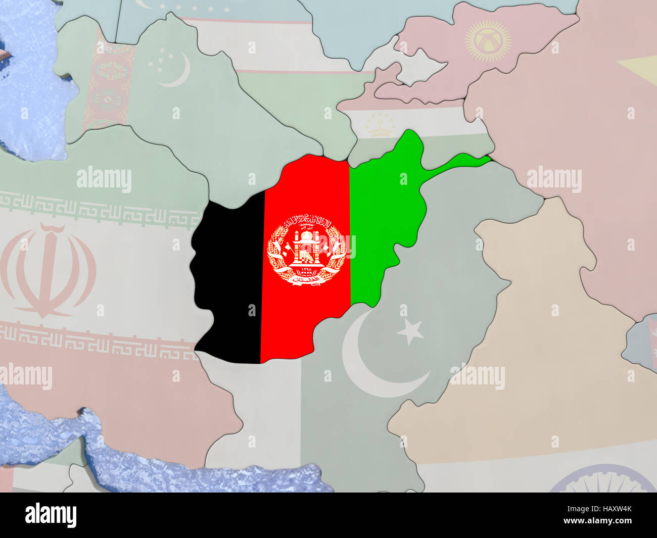 Map of Afghanistan with national flag on political globe with realistic ...