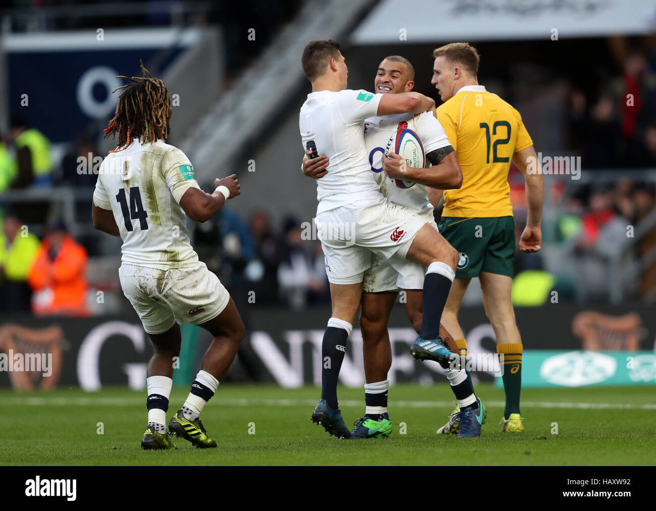 England's Jonathan Joseph celebrates scoring his side's first try ...