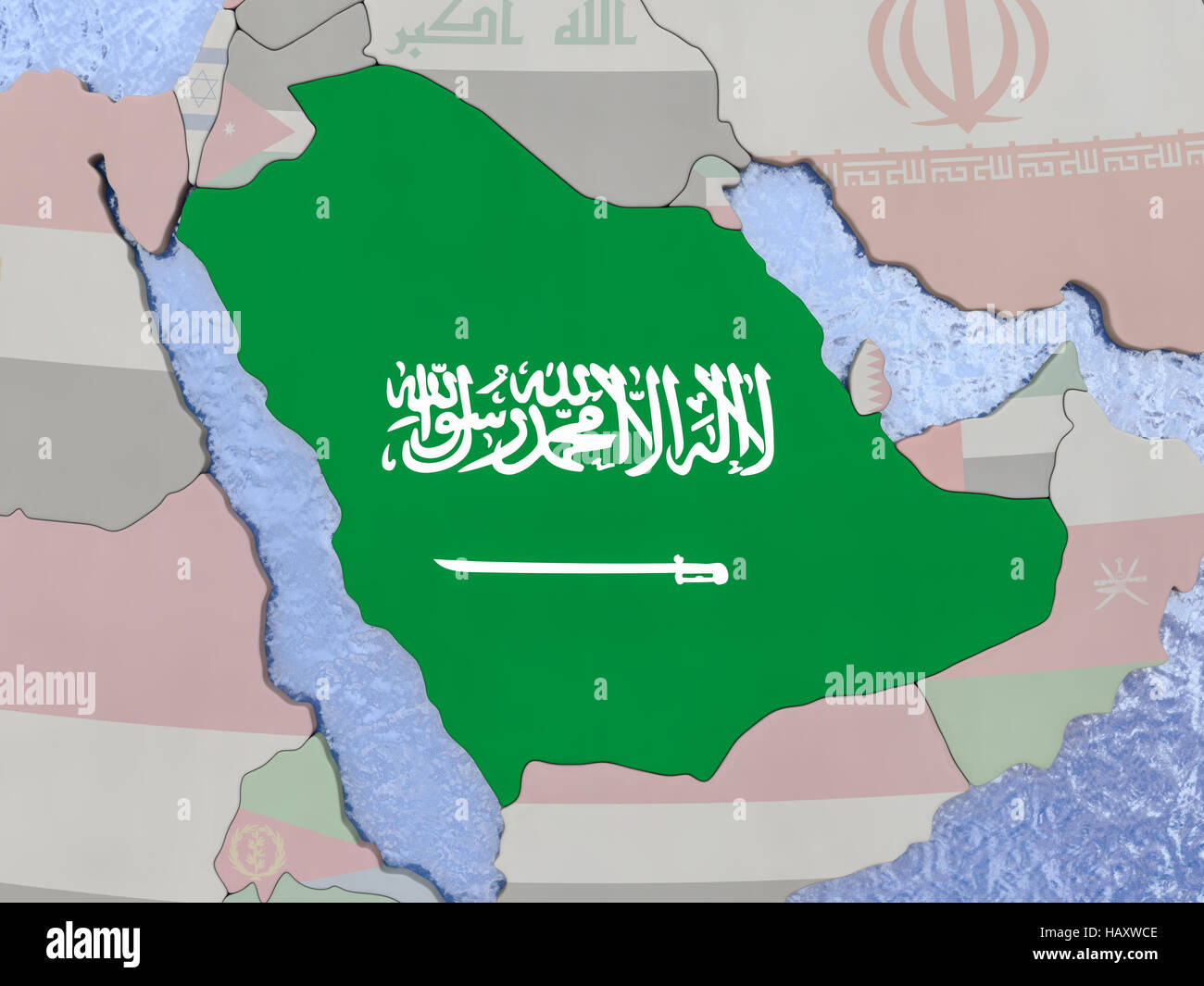 Map of Saudi Arabia with national flag on political globe with ...