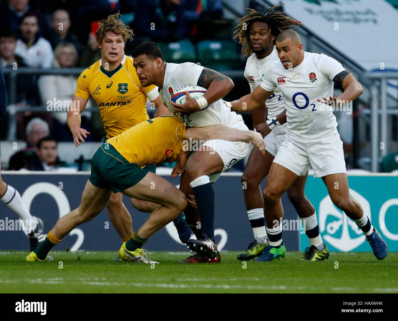 England's Nathan Hughes and Australia's Reece Hodge during the Autumn ...