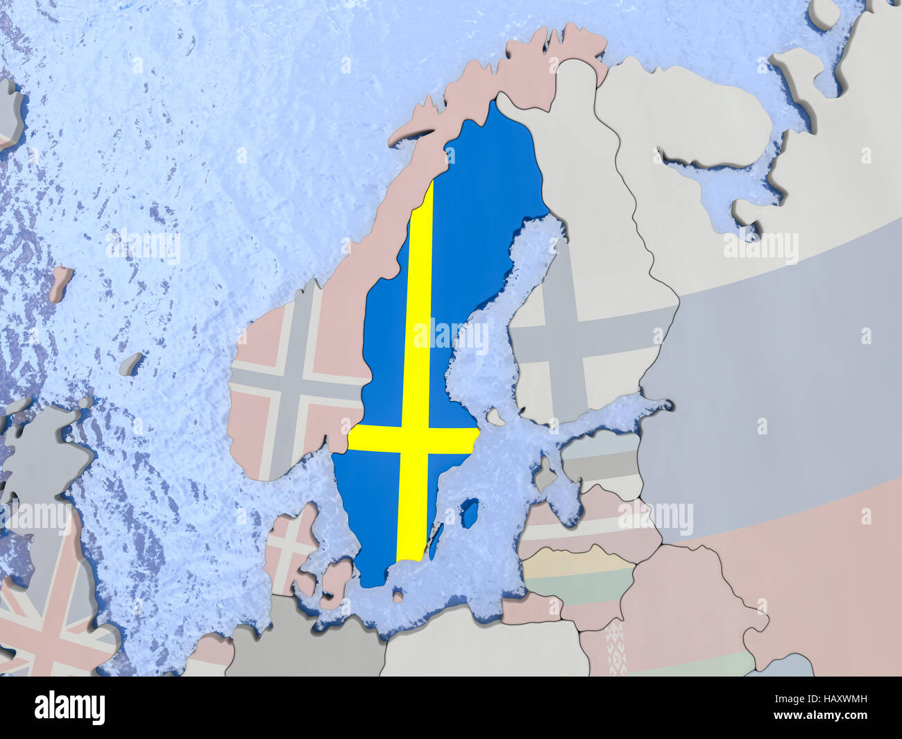 Map of Sweden with national flag on political globe with realistic ...