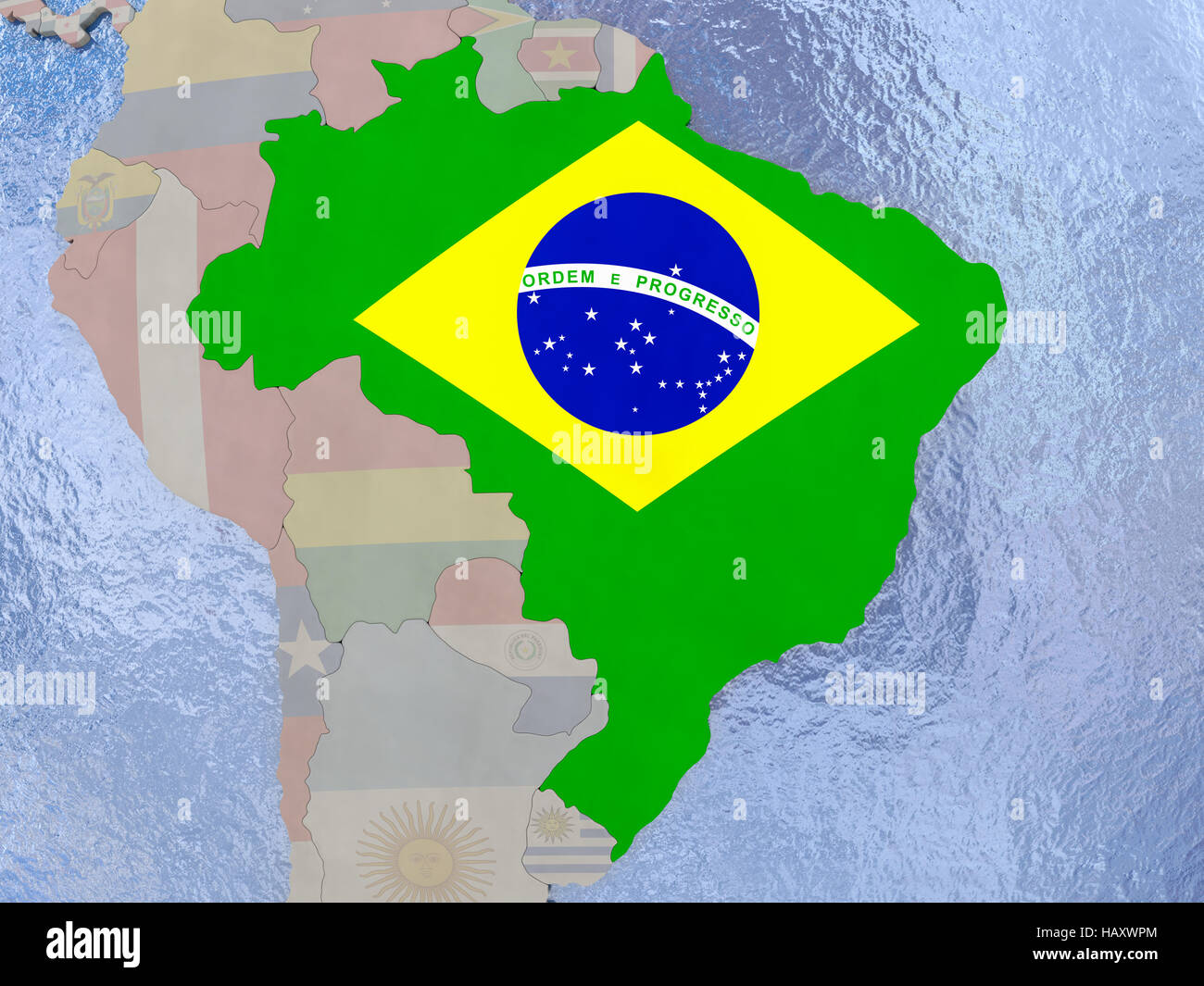 Map of Brazil with national flag on political globe with realistic ...