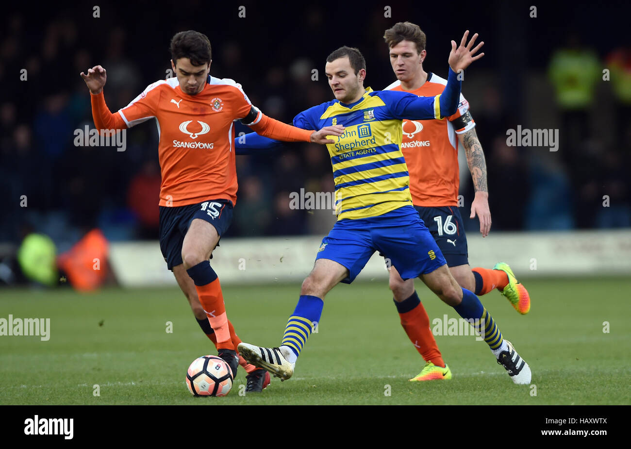 Luton Town's Alex Gilliead (left) and Solihull Moors' Jamey Osborne ...