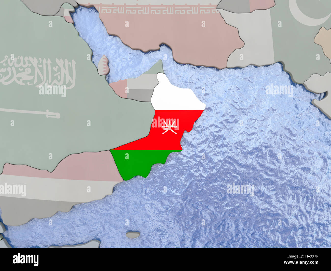 Map of Oman with national flag on political globe with realistic water ...