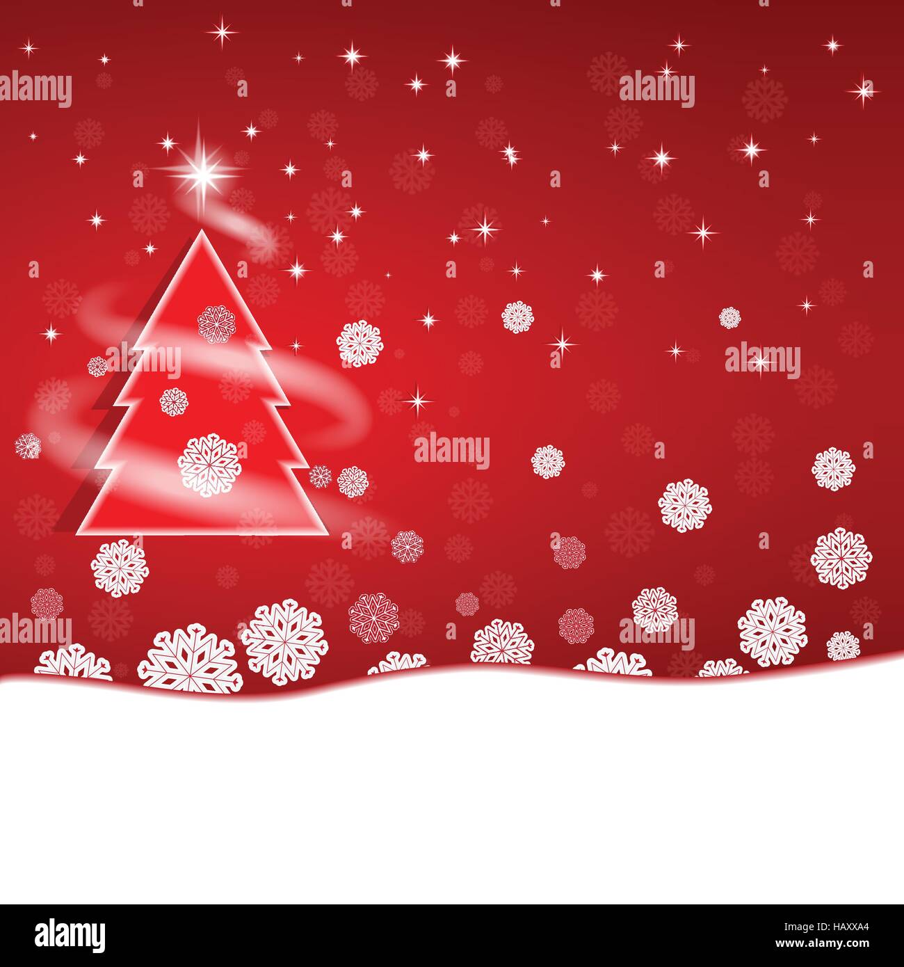 Red Christmas New Year background with snowflakes, stars and fir tree ...