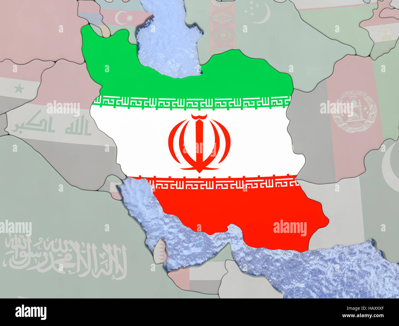 Map of Iran with national flag on political globe with realistic water ...