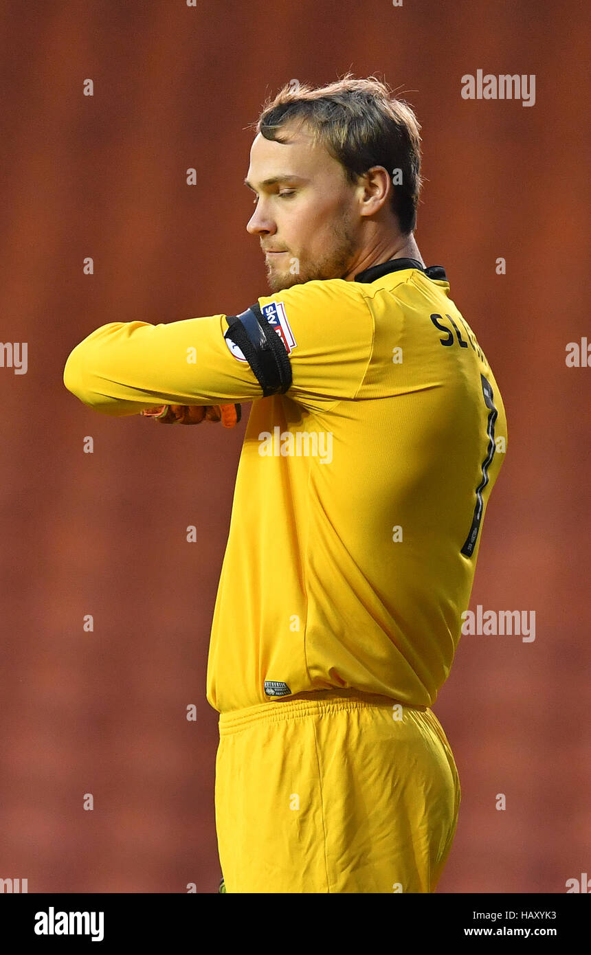 Blackpool's Sam Slocombe wears a black armband during the Emirates FA ...