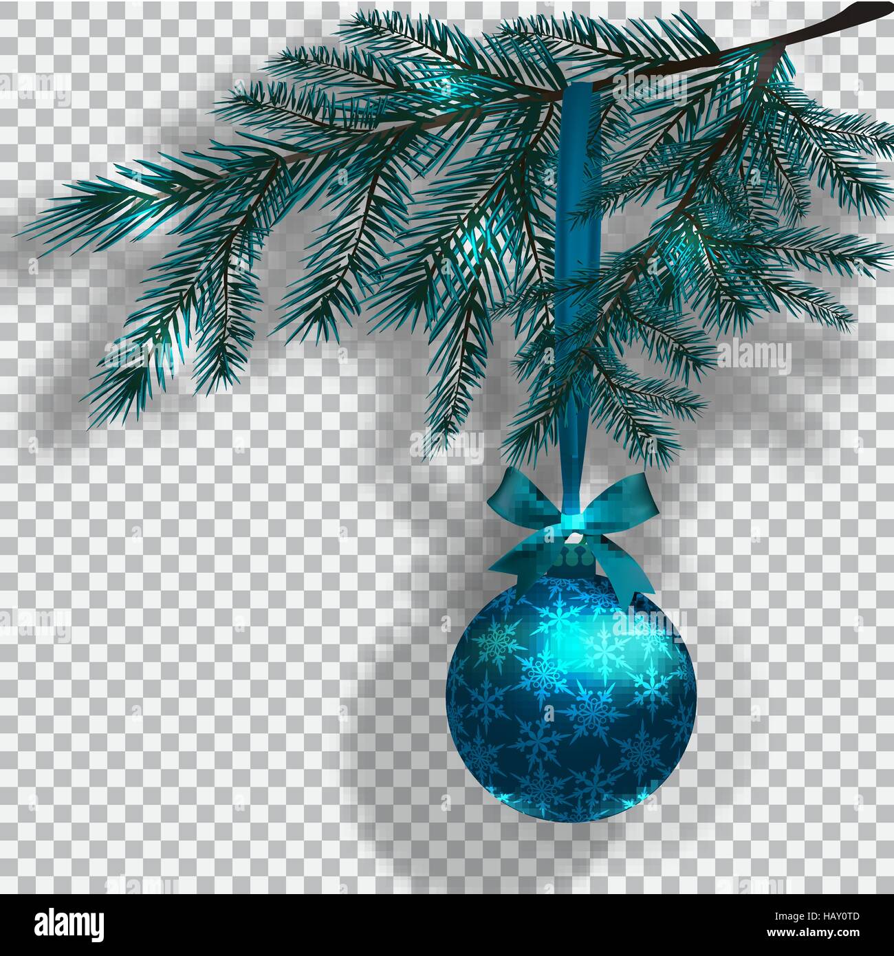 Blue Christmas tree branches on a checker background with shadow. Ball ...