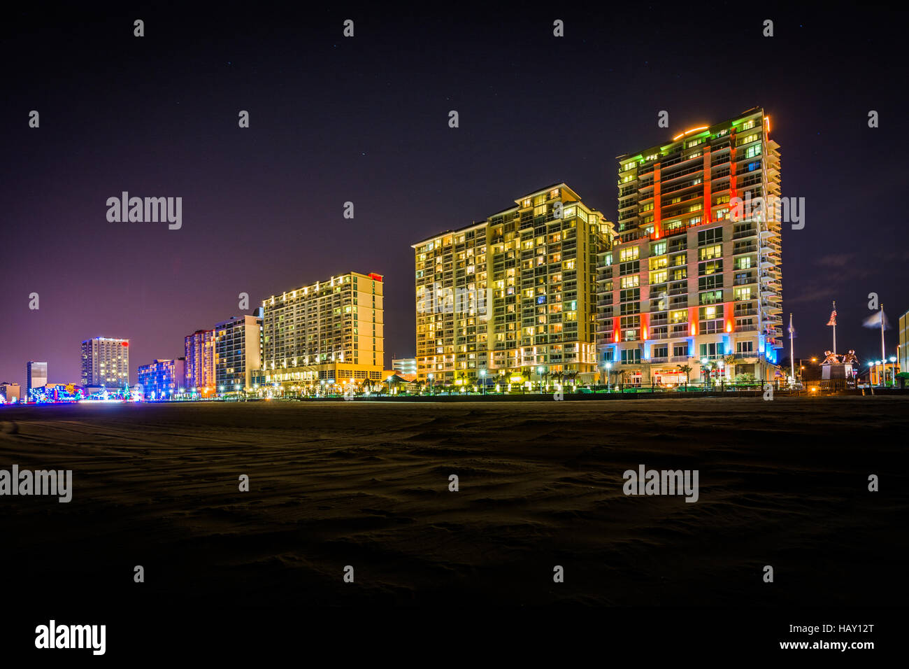 Highrise hotels on the oceanfront at night, in Virginia Beach, Virginia ...