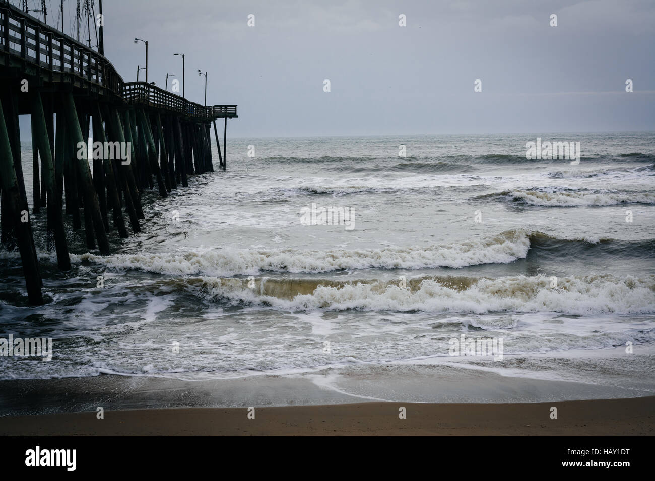 Waves in the Atlantic Ocean and the Fishing Pier in Virginia Beach ...