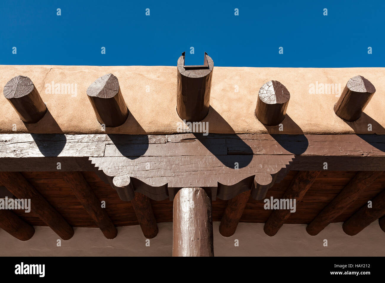 Detail of the ponderosa pine Vigas roof rafters in the Pueblo revival ...