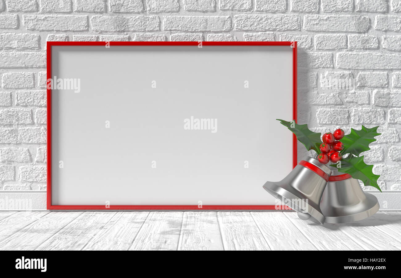 Mock-up red canvas frame, Christmas bells and brick wall. 3D rendering ...