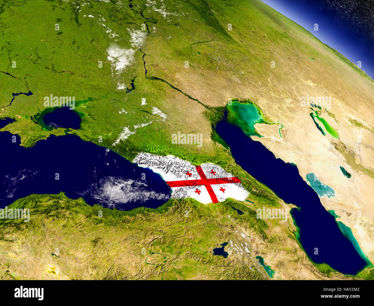 Flag of Georgia on planet surface from space. 3D illustration with ...