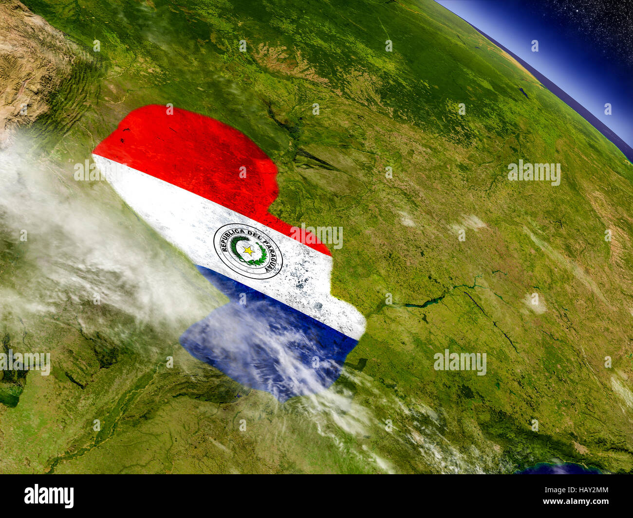 Flag of Paraguay on planet surface from space. 3D illustration with ...